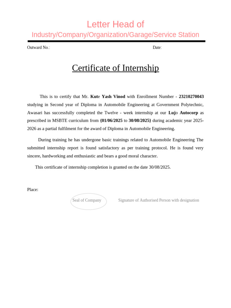 Internship Certificate for Automobile Engineering | PDF