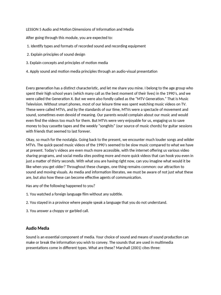 LESSON 5 Audio and Motion Dimensions of Information and Media | PDF ...