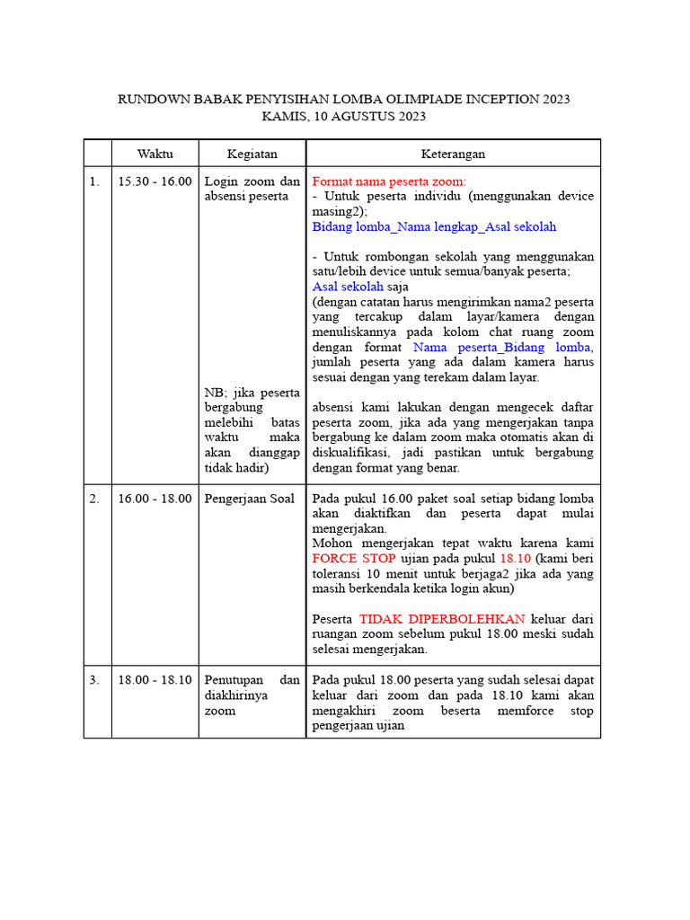 Rundown Lomba Olimpiade Inception 2023 | PDF