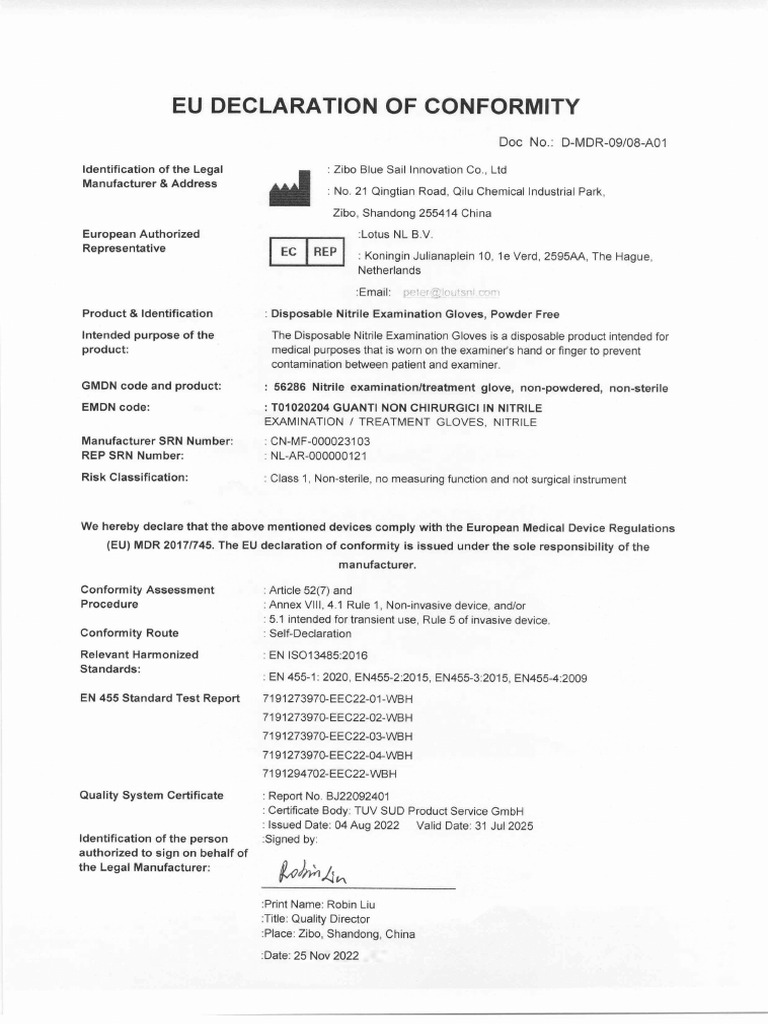 Declaration of Conformity MDR Class I Non-Sterile Nitrile Gloves | PDF