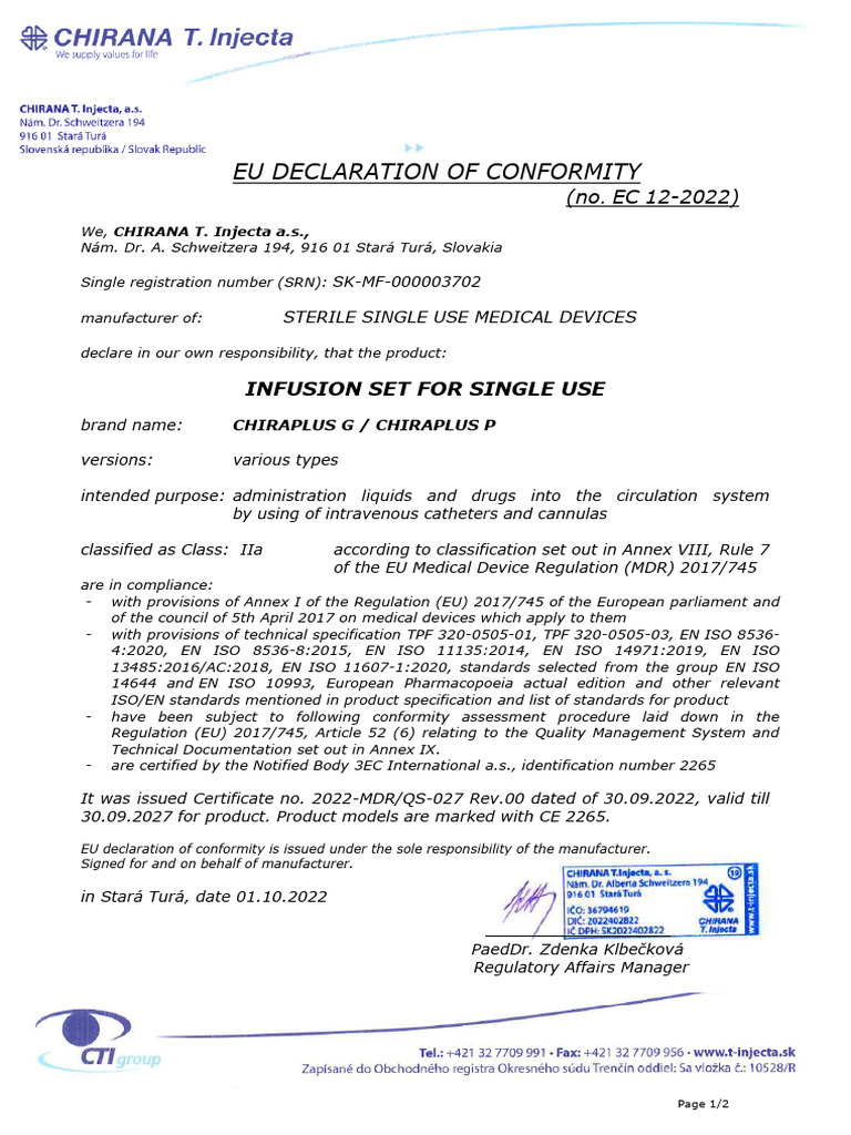 EU Conformity for CHIRAPLUS Infusion Sets | PDF | Medical Device ...