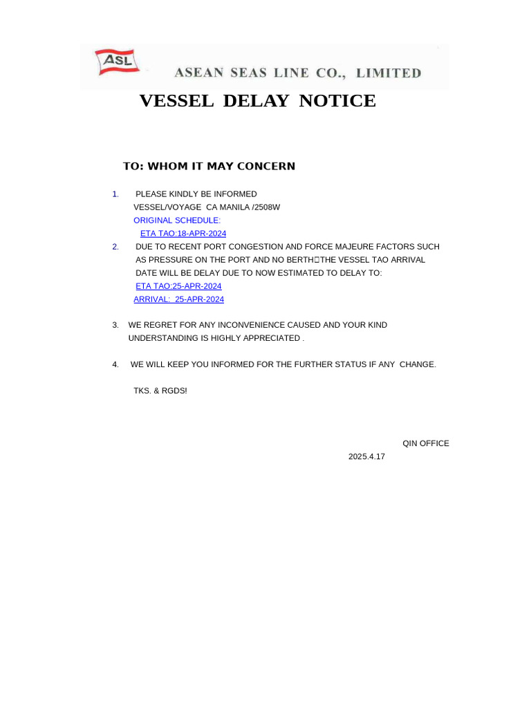 Vessel Delay Notice 1 | PDF