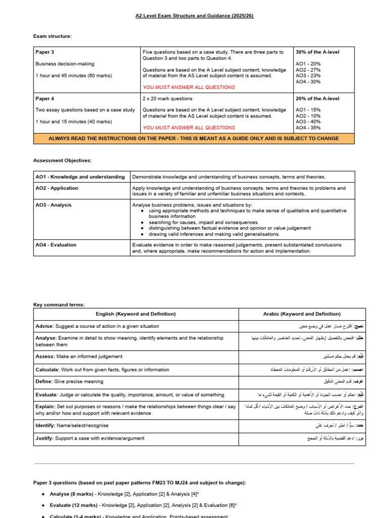 A2 Level Business Exam Guide 2025/26 | PDF | Knowledge | Evaluation