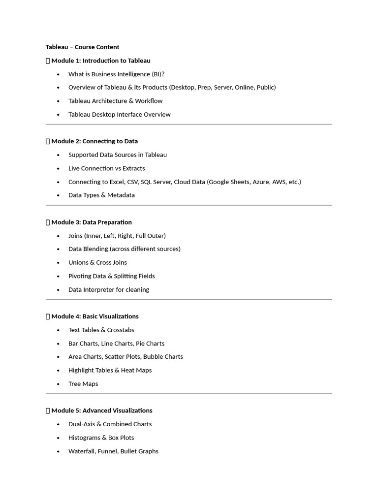 Tableau Course Content | PDF | Data | Chart