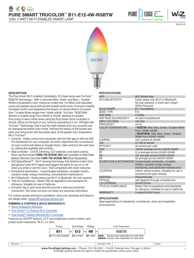 PureEdge Pure-Smart B11 Lamp TruColor RGBTW | PDF | Wi Fi | Lighting