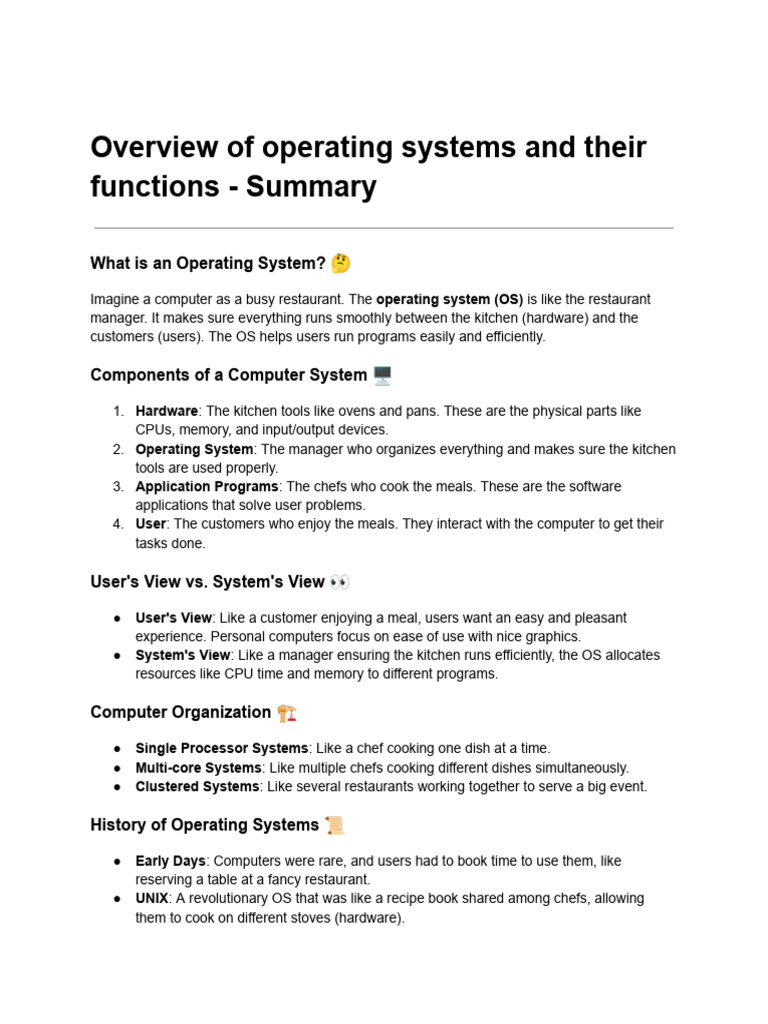 Overview of Operating Systems and Their Functions - Summary | PDF ...