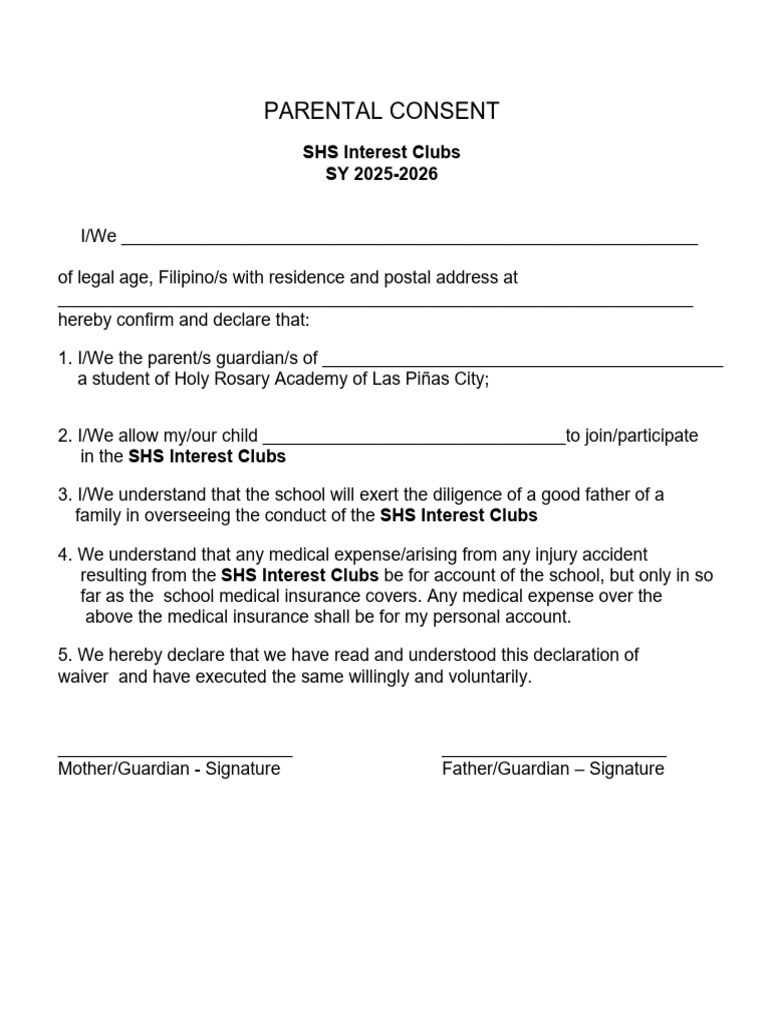 Parental Consent SHS Interest Clubs | PDF