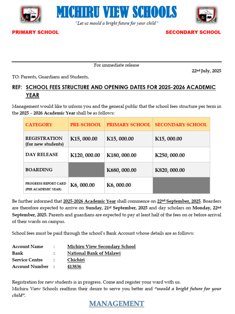 Michiru View School Fees 2025-2026 | PDF