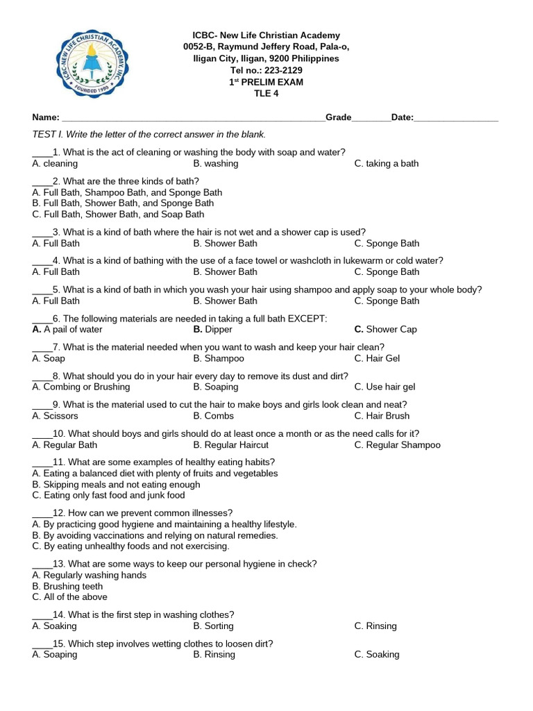 TLE 4 Prelim Exam: Hygiene & Family | PDF | Bathing | Hygiene