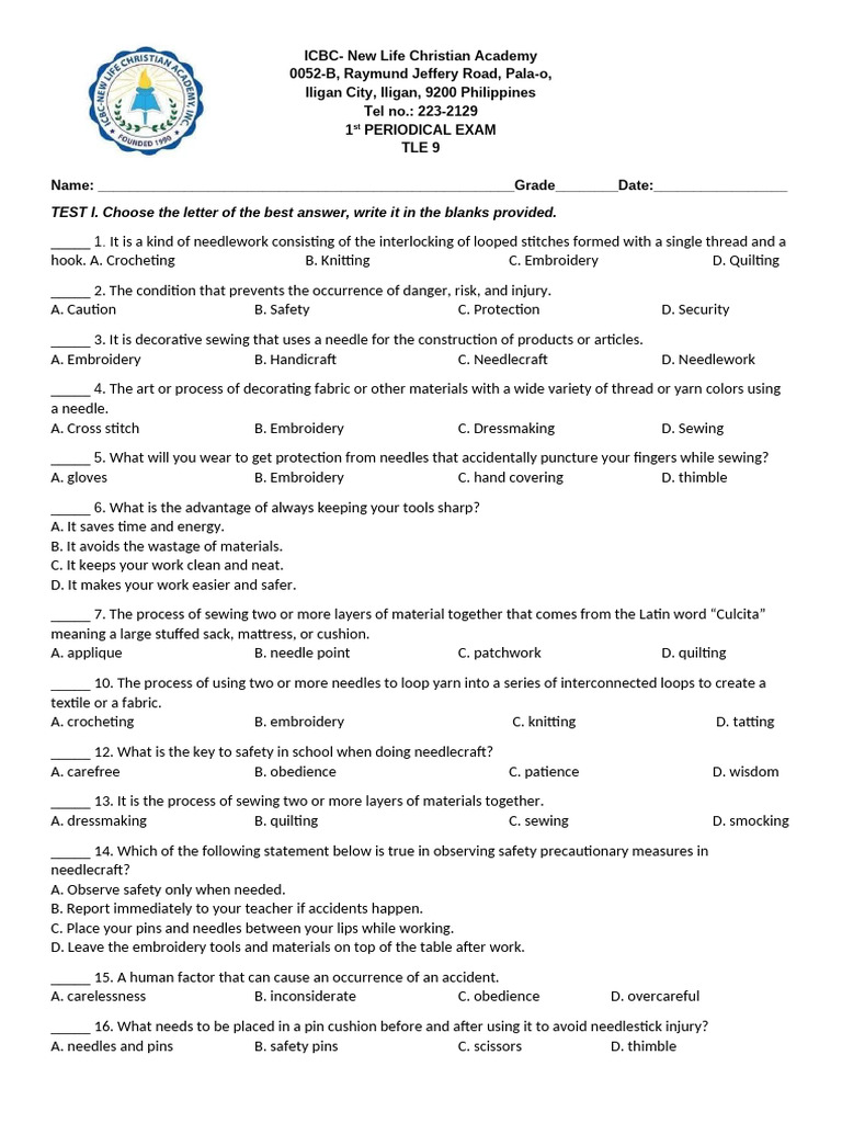 Tle 9 1st Periodical Exam | PDF | Sewing | Embroidery