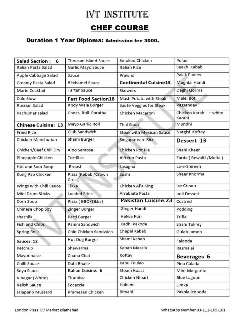 Chef and Baking Courses in Islamabad | PDF | Cakes | Sauce