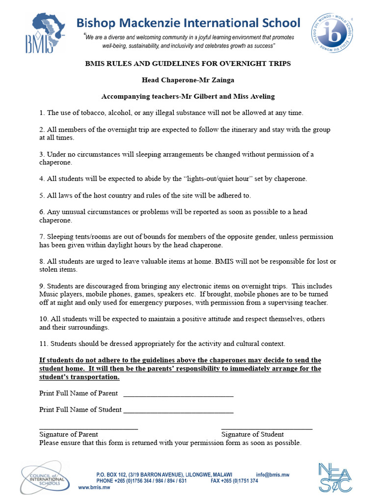 Bmis Rules and Guidelines for Overnight Trips.docx | PDF