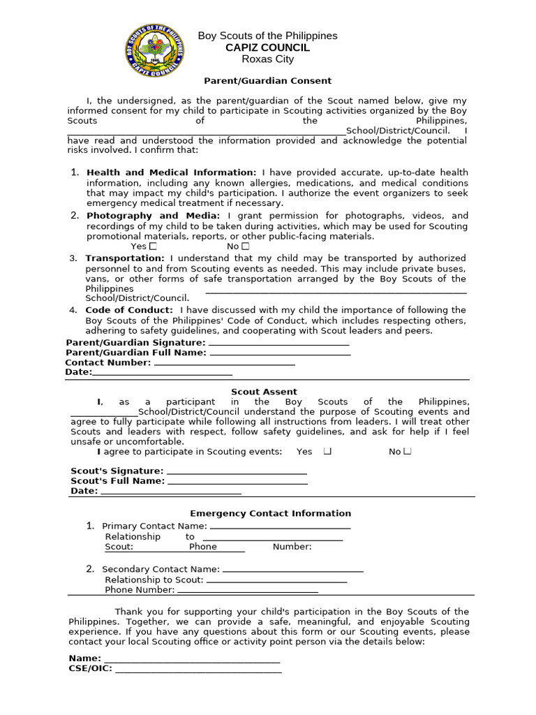 Parent Consent Form for Scouting Activities | PDF | Informed Consent