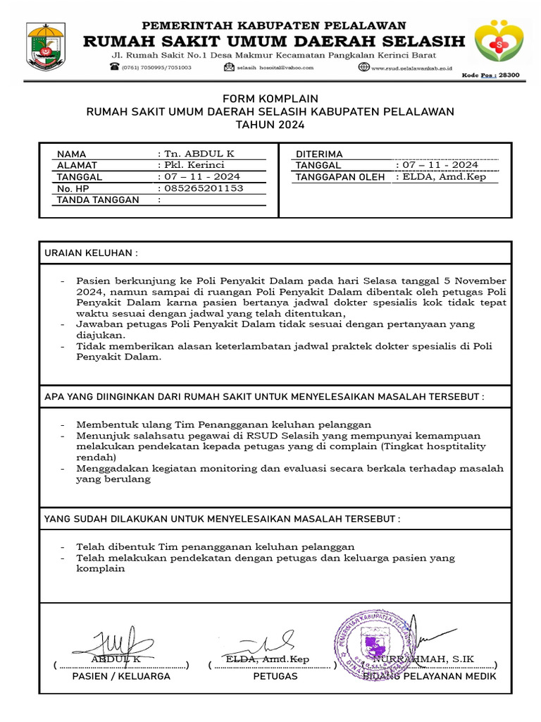 Form Komplain Rsud Selasih | PDF