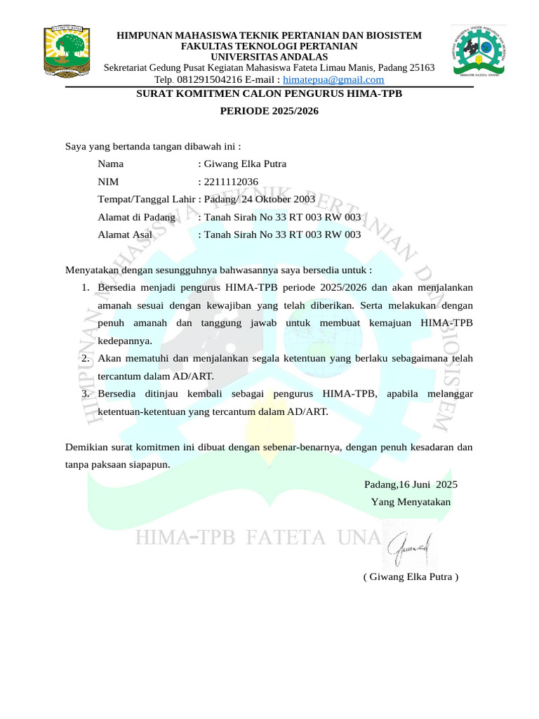 Surat Komitmen Pengurus HIMA-TPB 2025/2026 | PDF