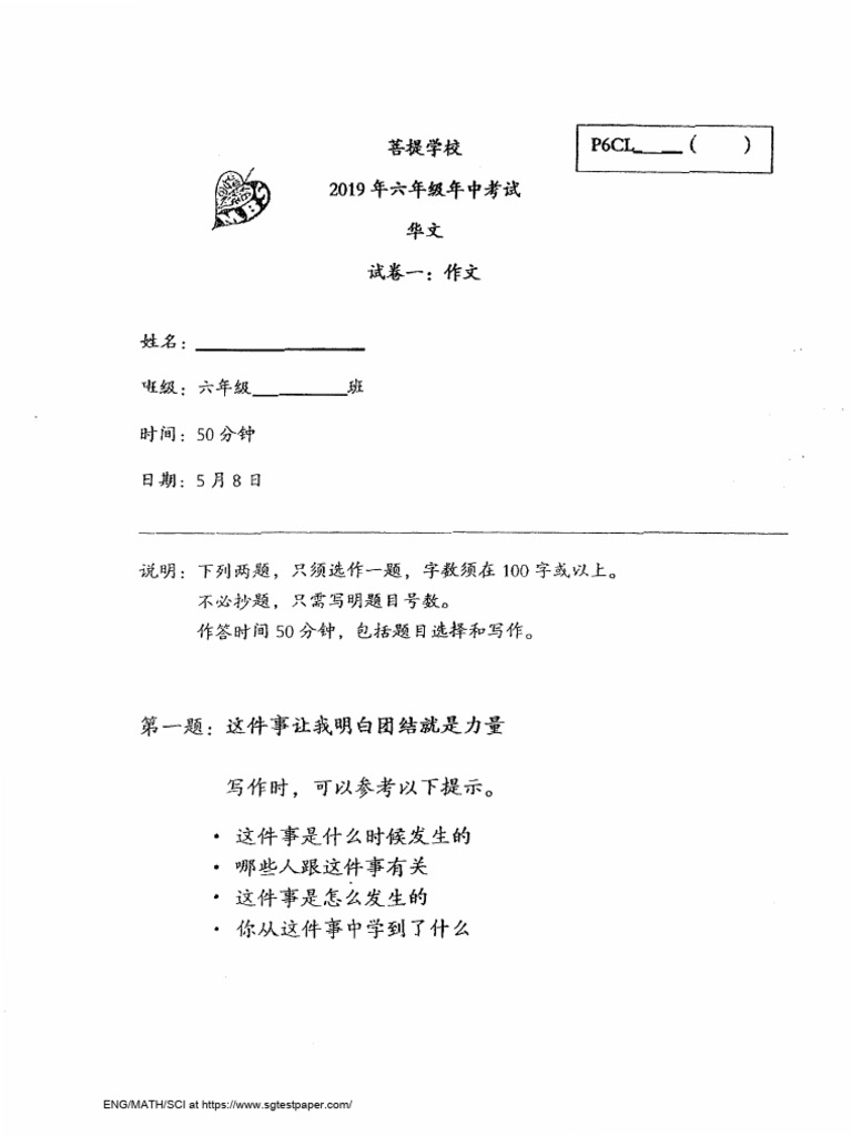 P6 Chinese SA1 2019 Maha Bodhi Exam Papers | PDF