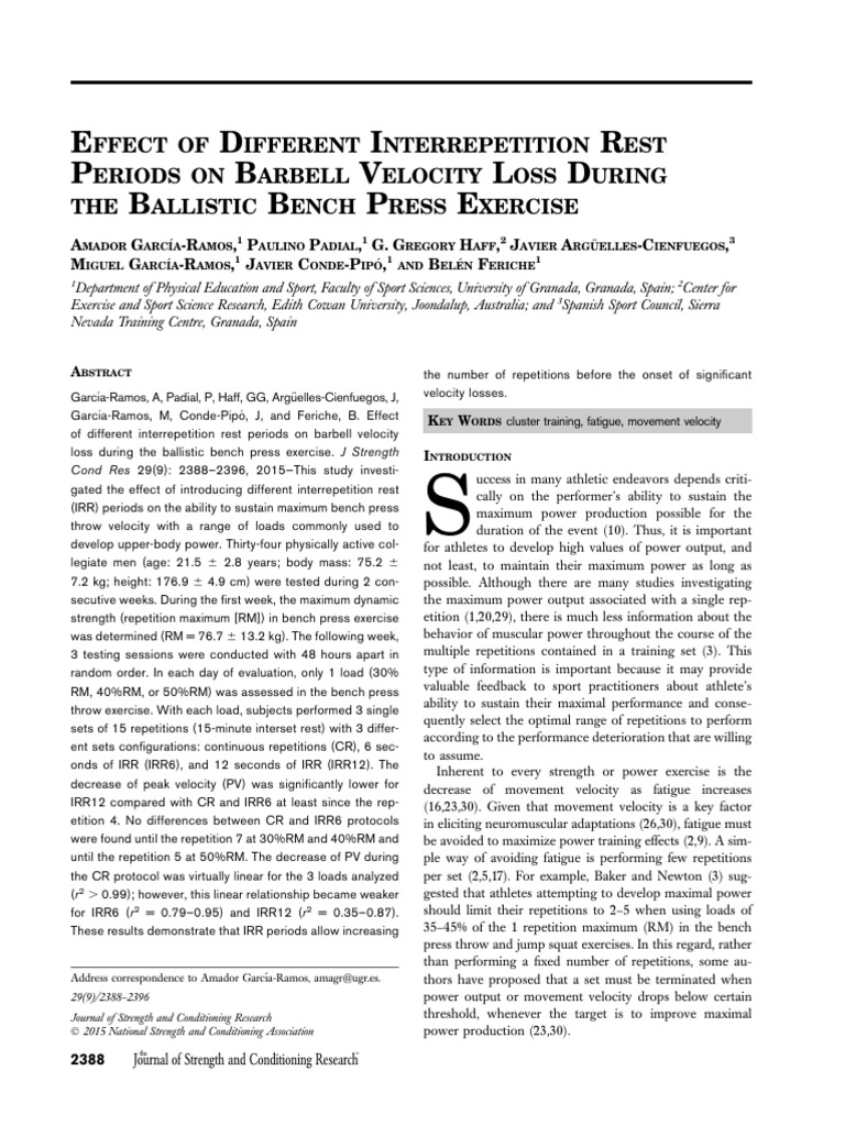 Effect of Different Interrepetition Rest Periods On Barbell Velocity ...