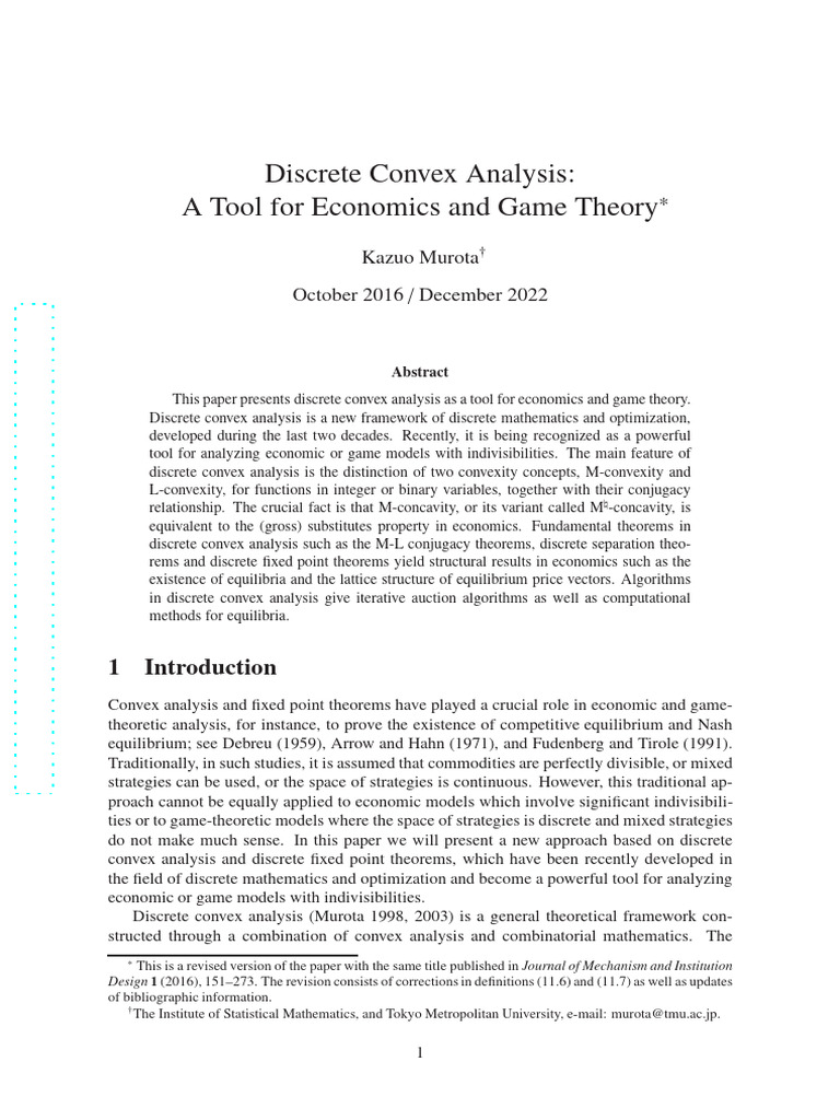 Discrete Convex Analysis: A Tool For Economics and Game Theory | PDF ...
