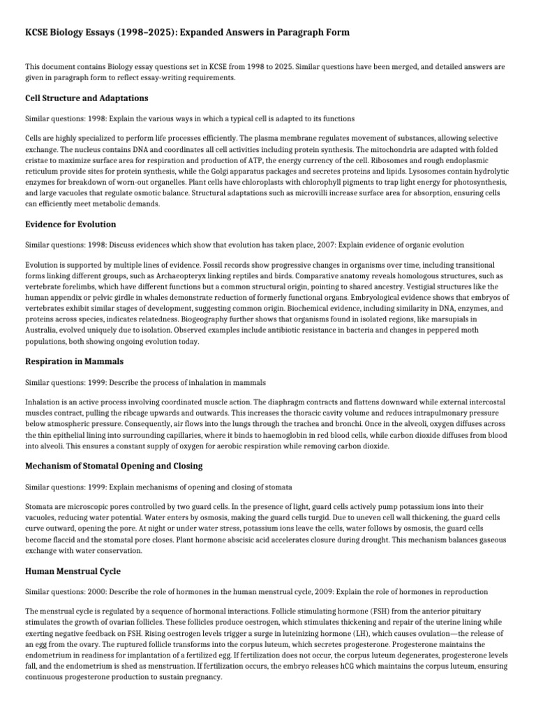 Kcse Biology Essays Full Paragraphs | PDF | Respiratory System | Anatomy