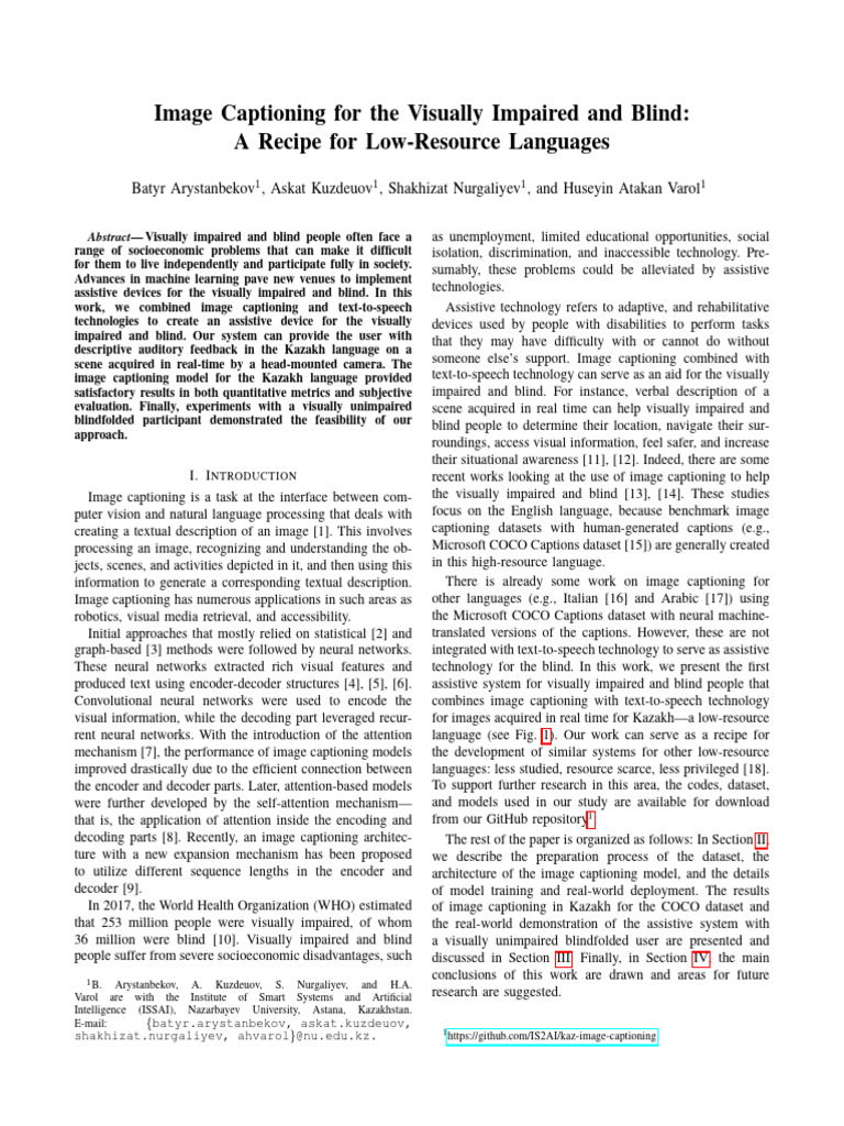 Image Captioning for Kazakh Assistive Tech | PDF | Visual Impairment ...