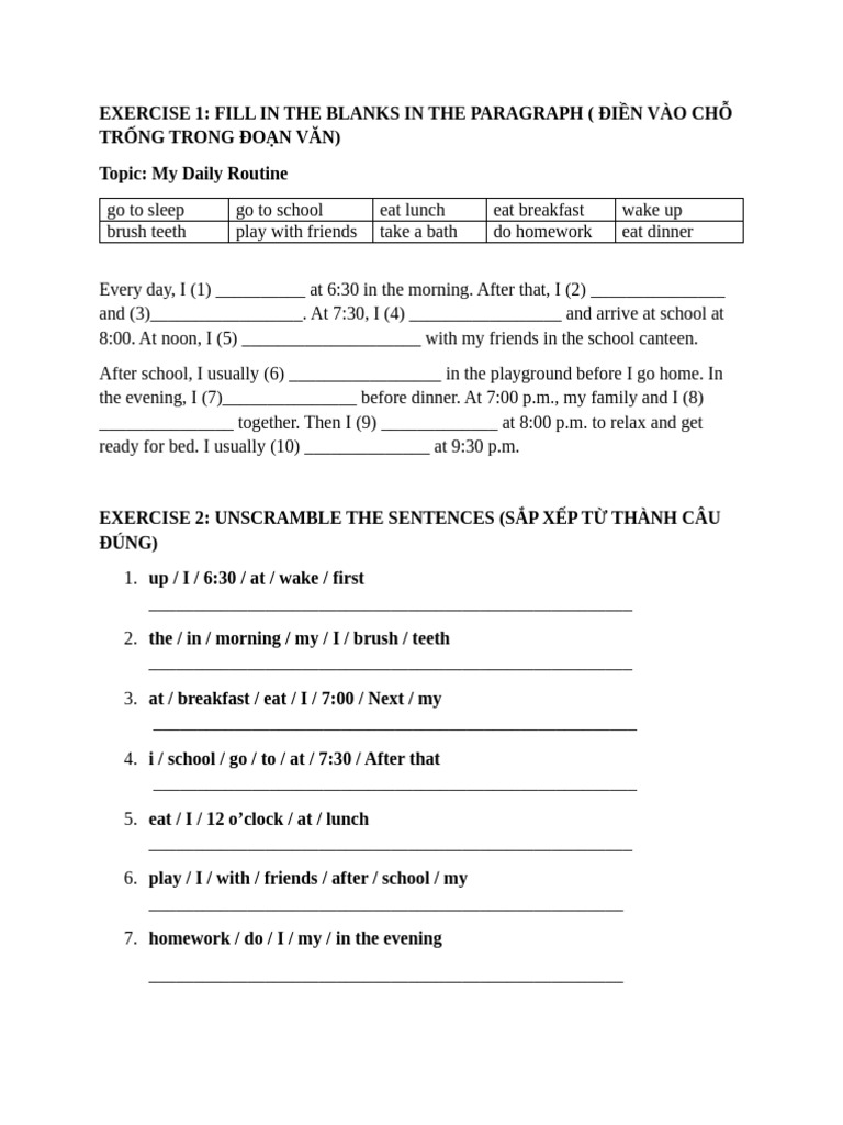 Daily Routine Fill-in-the-Blanks Exercise | PDF