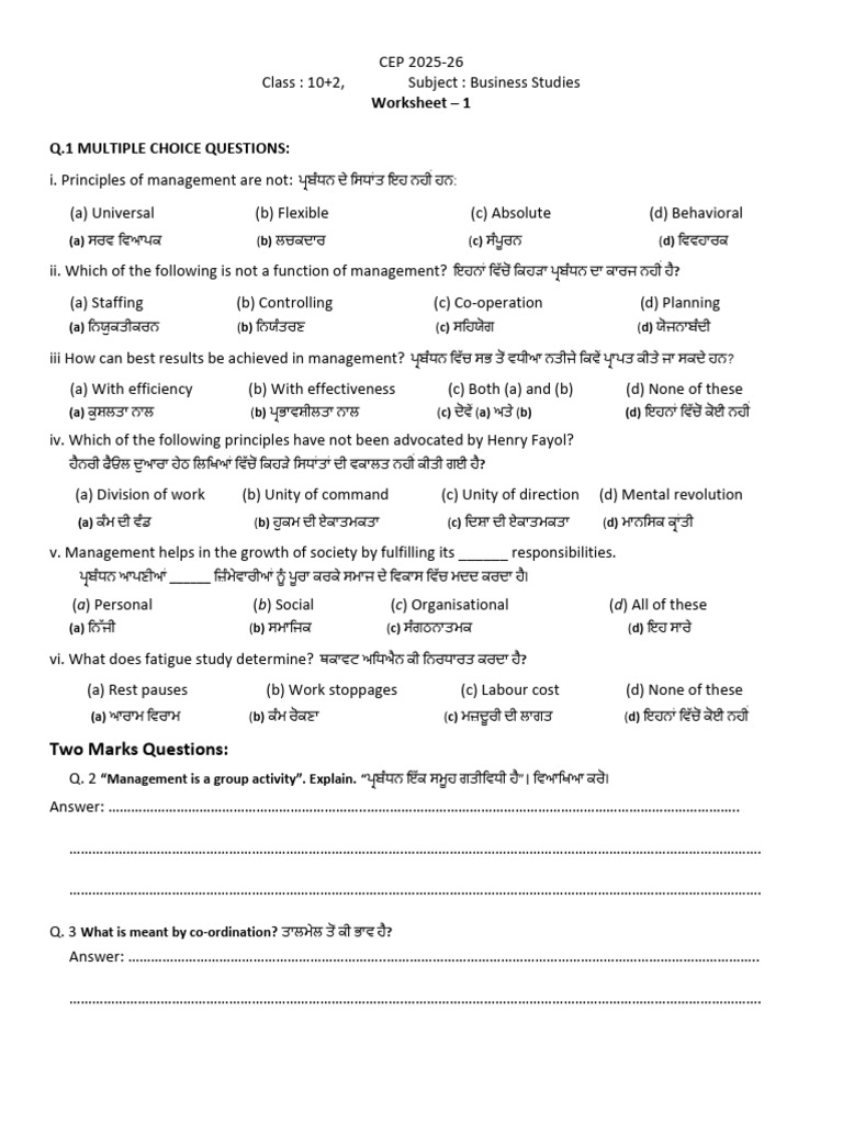 +2 Business Studies Worksheet 1 | PDF