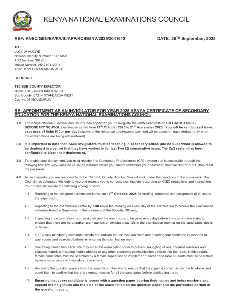 Kenya National Examinations Council: DATE: 26 September, 2025 REF: KNEC ...