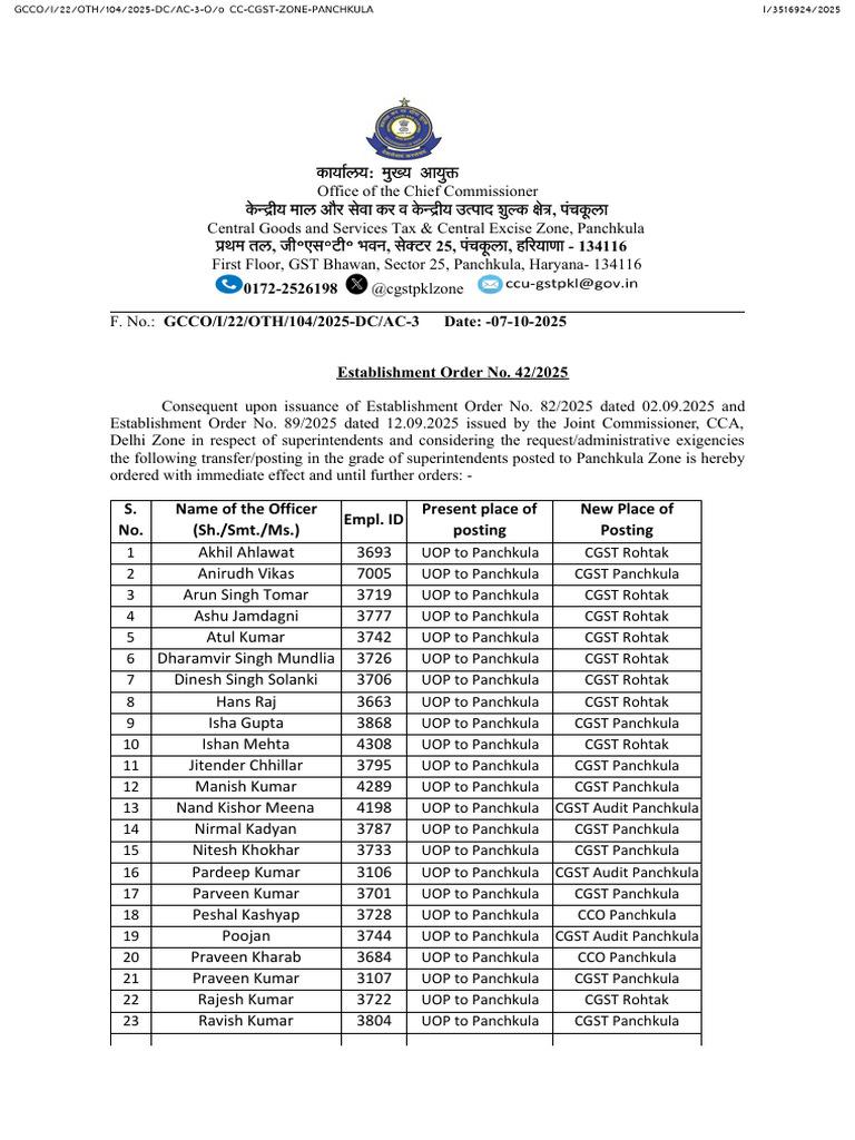 CGST Panchkula Superintendent Transfers | PDF | Government Finances ...