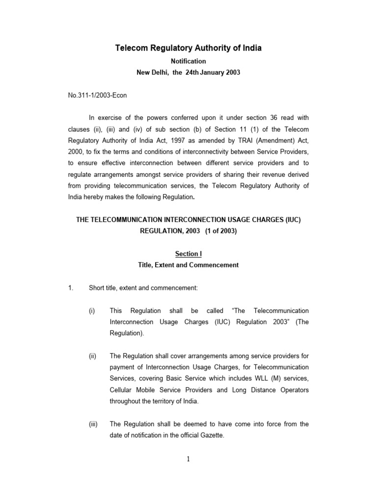 Telecommunication Interconnection Usage Charges Regulations 2003 | PDF ...