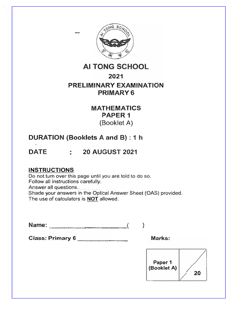 Ai Tong 2021 Primary 6 Math Exam | PDF