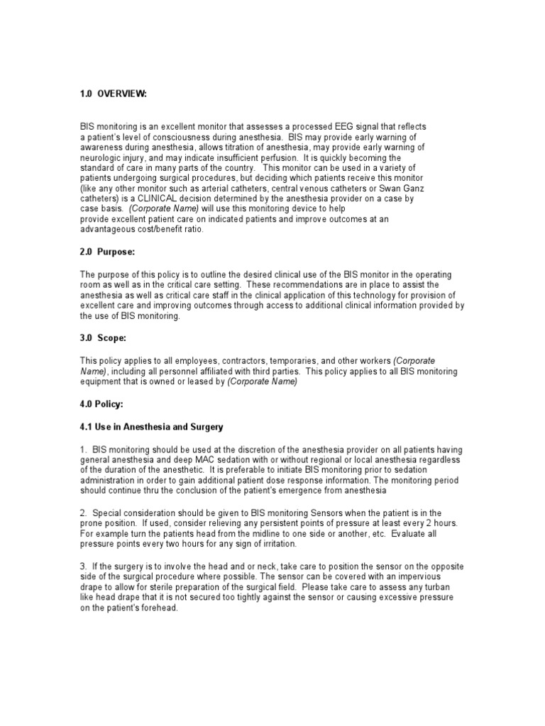 BIS Monitoring Template Policy | PDF | Anesthesia | Surgery