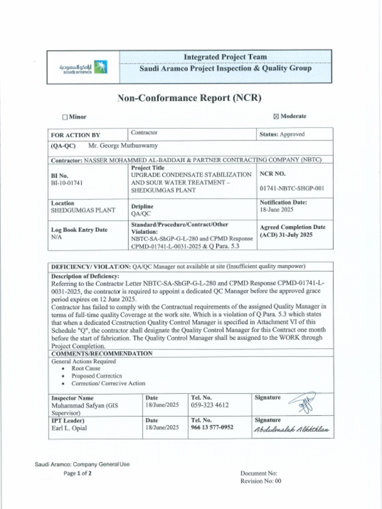 NCR 001 Closeout Report Approval | PDF