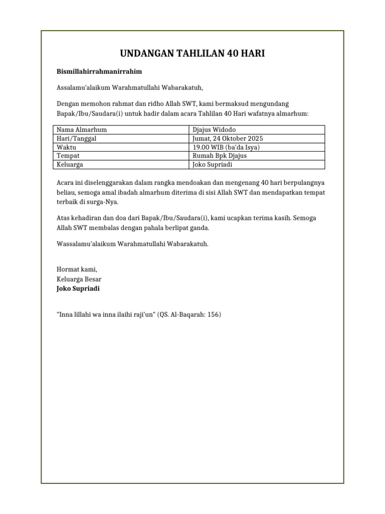 Undangan Tahlilan 40 Hari | PDF