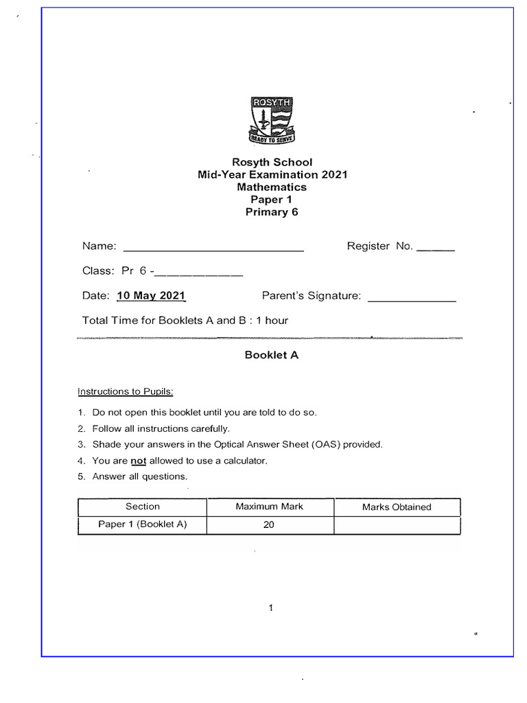 P6 Maths SA1 2021 Rosyth Exam Papers | PDF