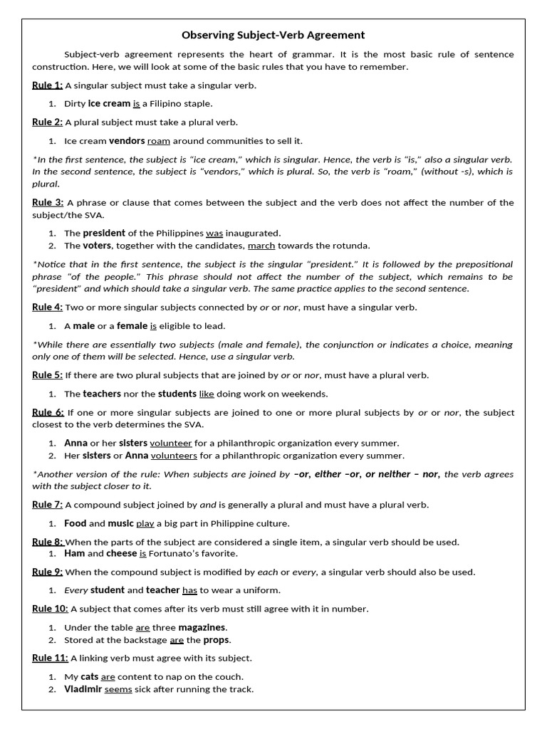 Subject-Verb Agreement Rules | PDF | Pronoun | Grammatical Number