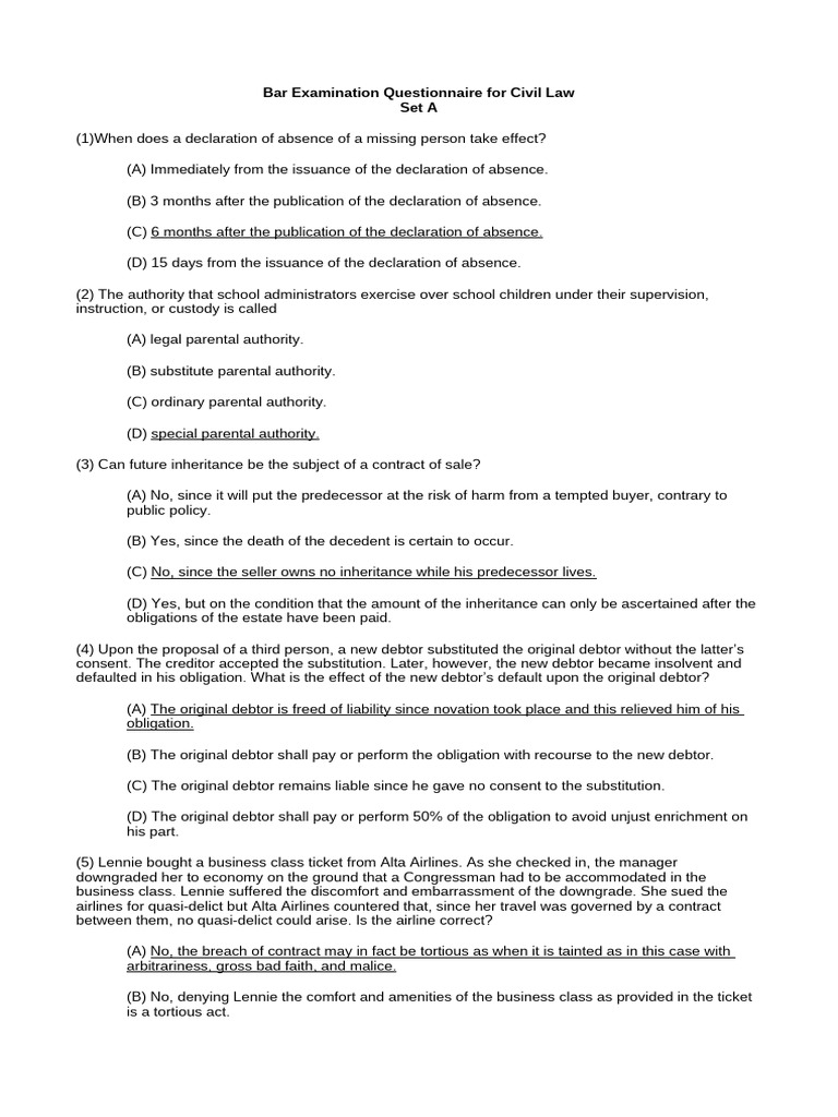 Civil Law Bar Examination Questionnaire | PDF | Annulment | Marriage