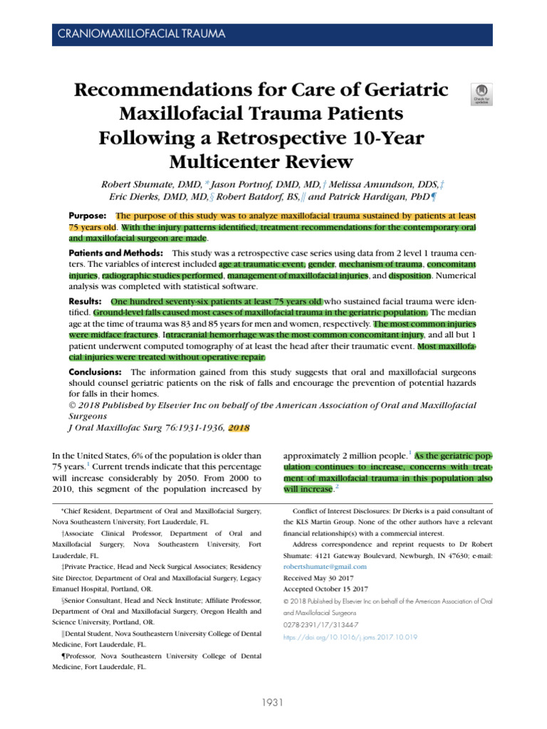 Recommendations For Care of Geriatric Maxillofacial Trauma Patients ...