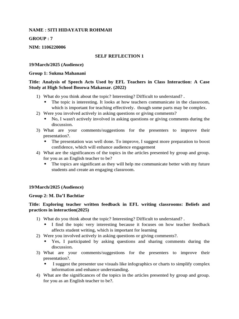 Self Reflection 1 - Siti Hidayatur Rohmah (1106220006) | PDF | Teachers | Communication