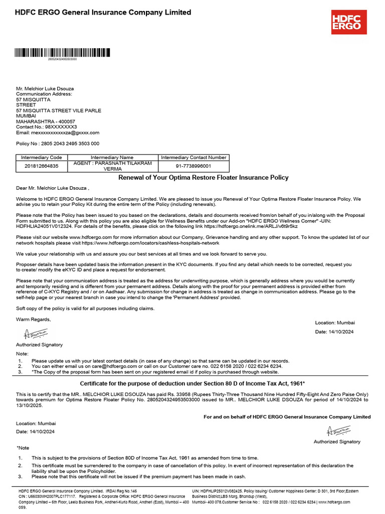 HDFC ERGO Optima Restore Policy Renewal | PDF | Insurance | Obesity