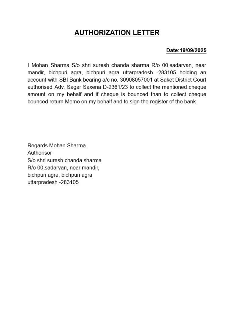 Authorization Letter for Cheque Collection | PDF
