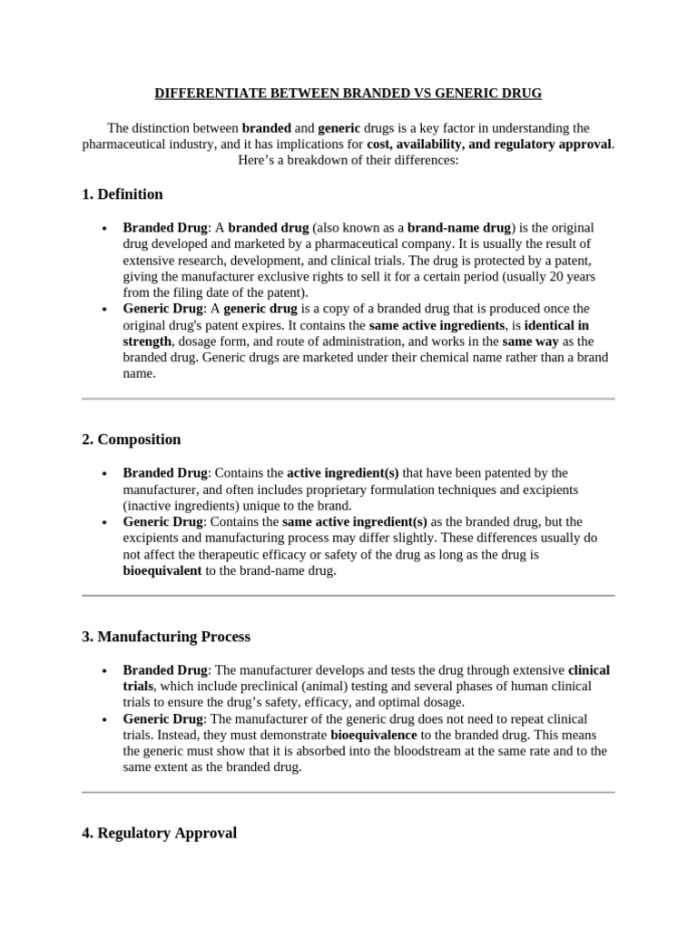 Differences Branded (VS) Generic | PDF | Generic Drug | Drugs