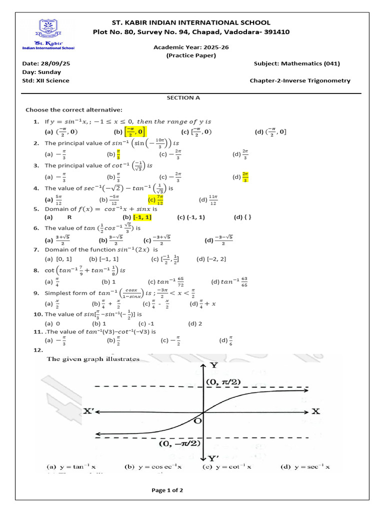 CH 2 Inverse Trigonometric Functions MCQ N AR | PDF | Trigonometry ...
