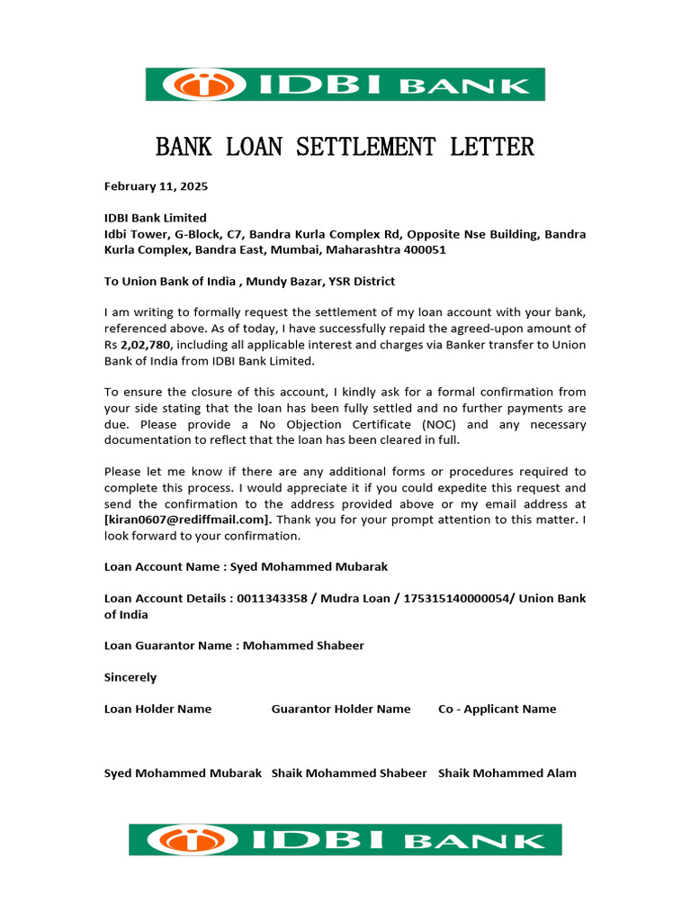 Loan Settlement Request to Union Bank | PDF