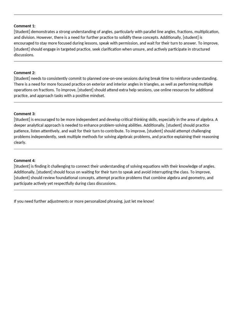 Grade 6 Report Card Comments | PDF