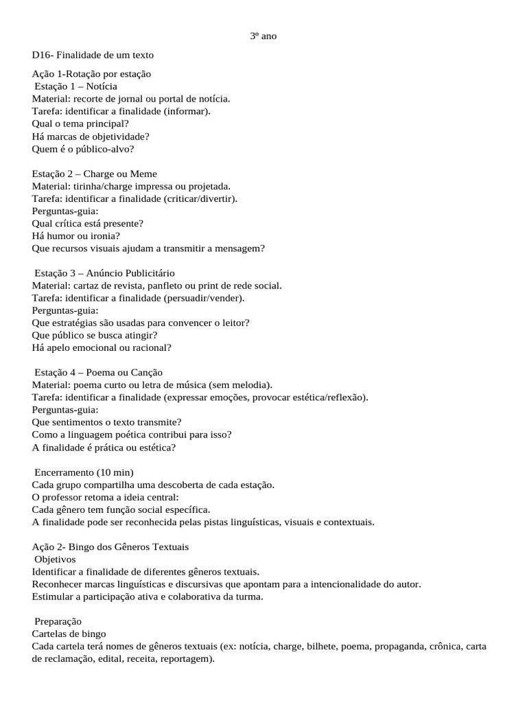 Finalidades dos Gêneros Textuais na Aula | PDF