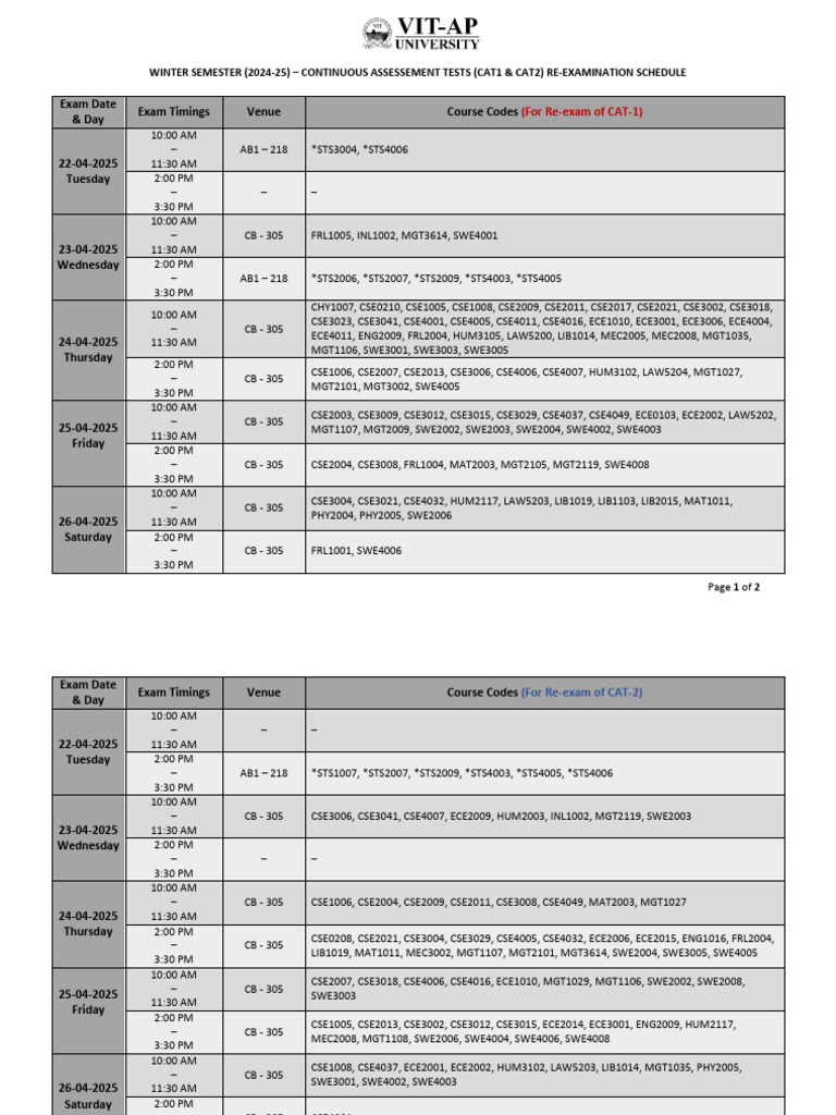 Winter Semester (2024-25) CAT-1 and CAT-2 Re-Examination Schedule | PDF