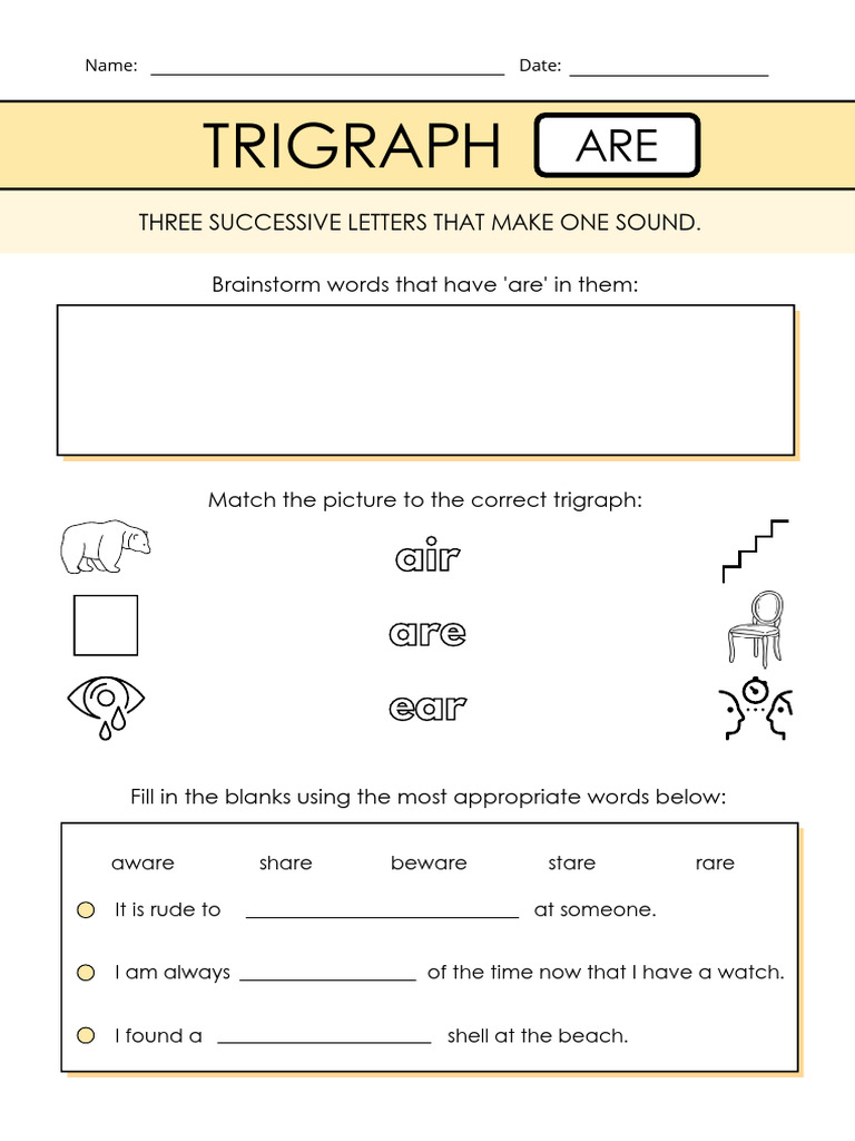 Trigraph Activities for 'are', 'air', 'ear' | PDF