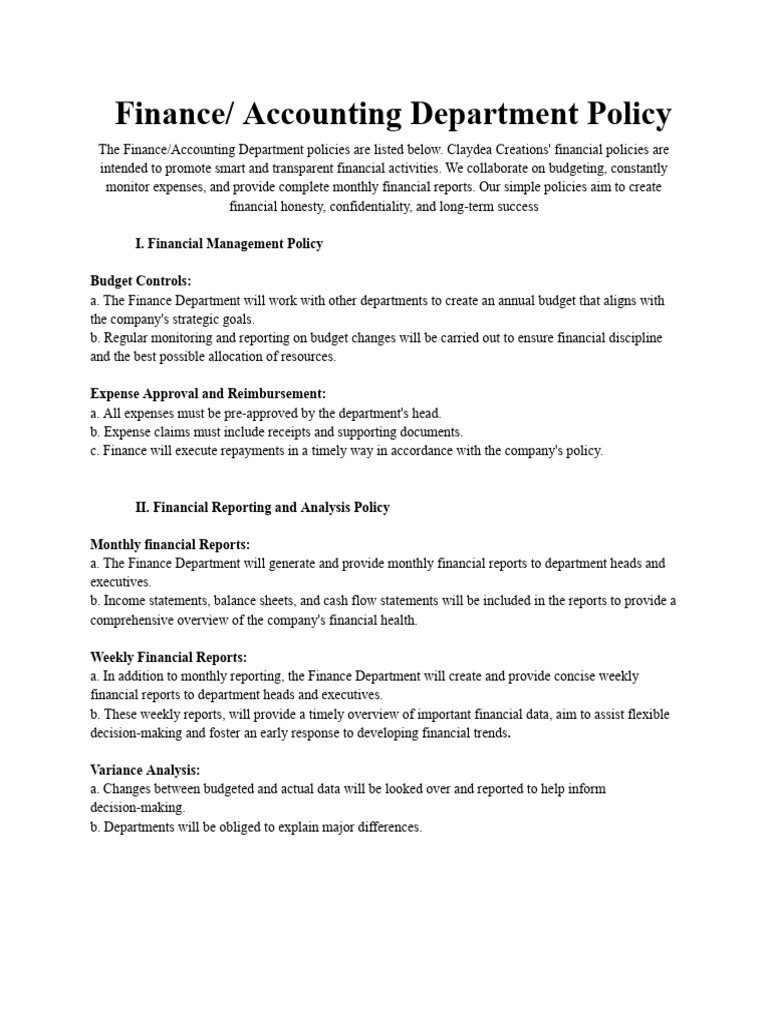 Finance Department Policy Overview | PDF | Expense | Internal Control