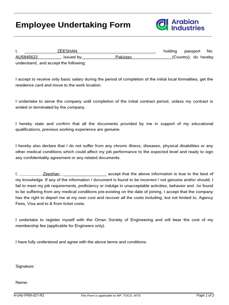 H (AI) FRM 027 R1 Employment Undertaking Form | PDF