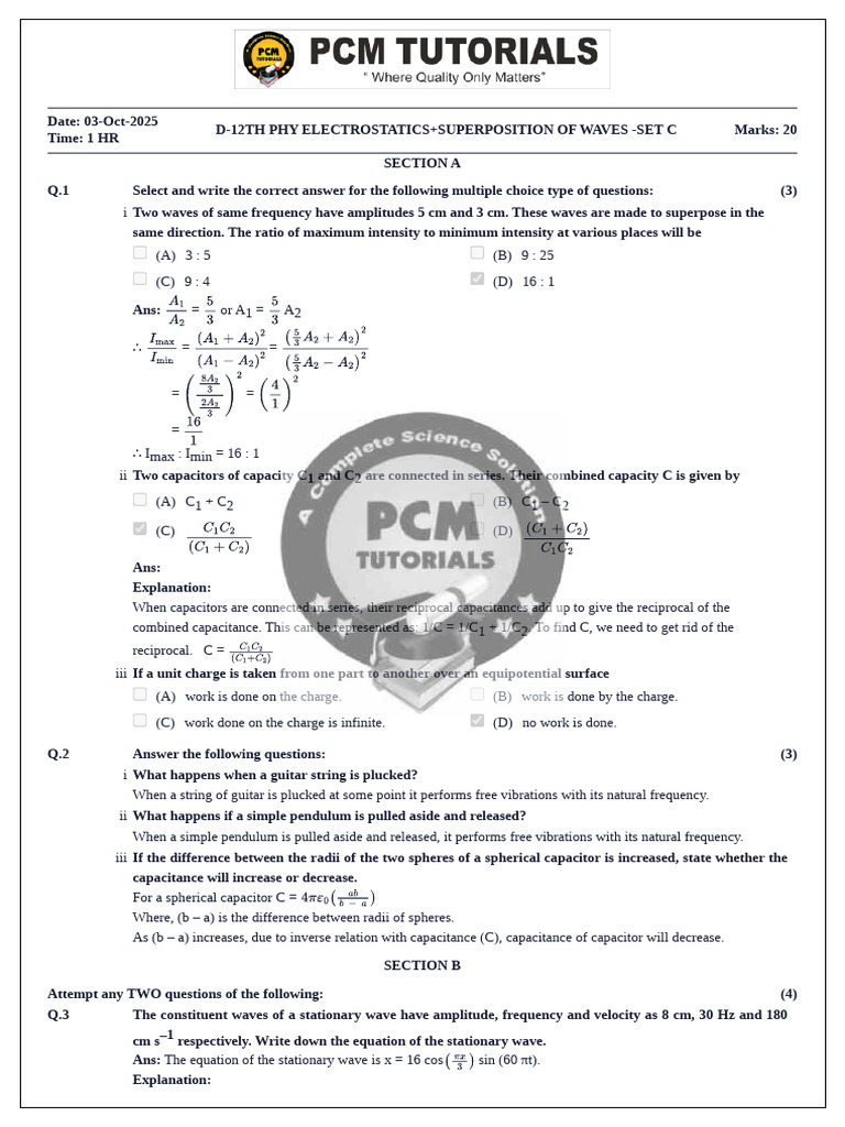 Answer Key D 12th Phy Electrostatics+Superposition of Waves Set C | PDF ...